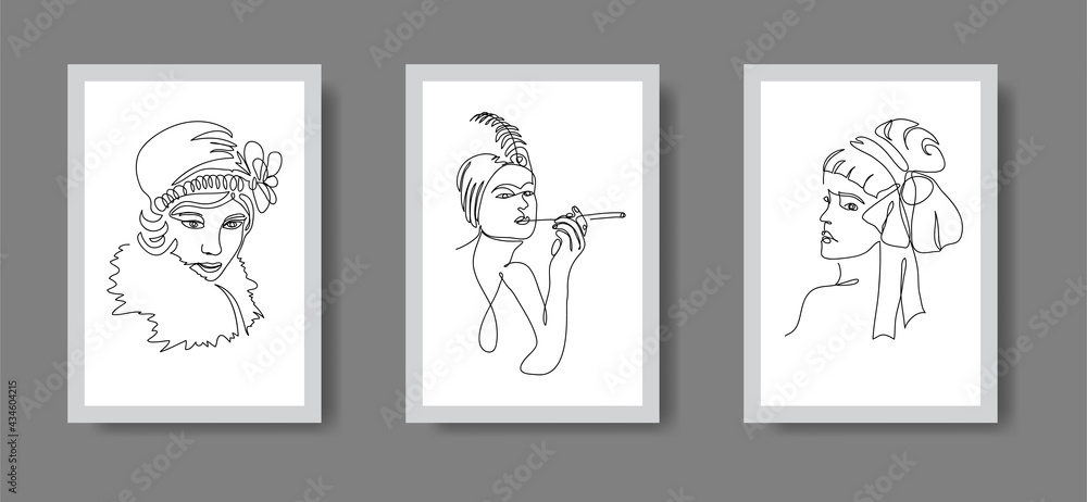 Flapper girls from 20s black and white vector illustration set of wall ...