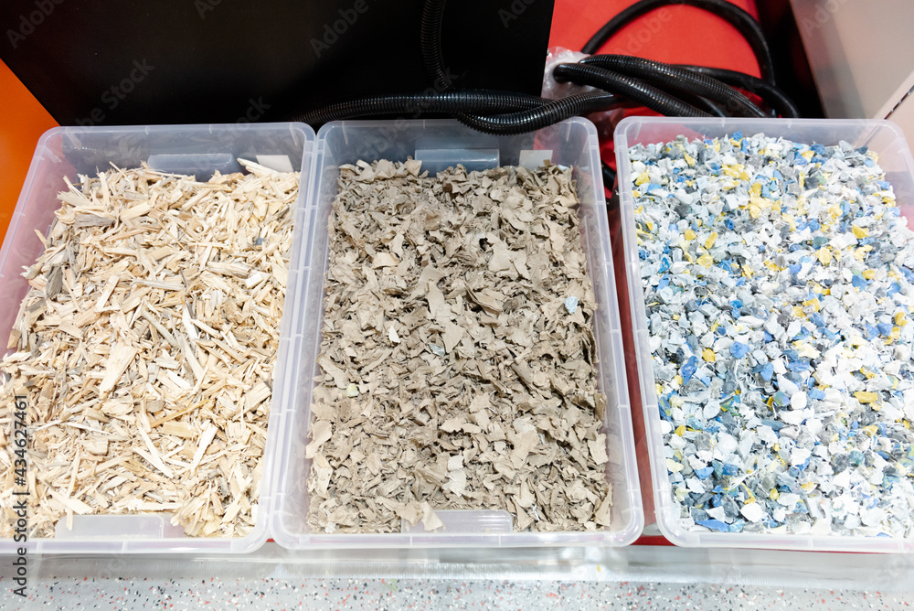 Fractions of recyclable materials after recycling. Pulverized materials ...