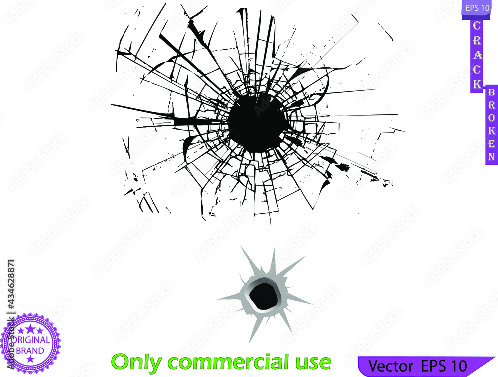 Broken glass, cracks, bullet marks on glass. Cracks vector icons. Black ...