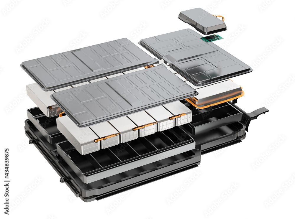 Exploded view of Electric Vehicle's battery pack isolated on white ...