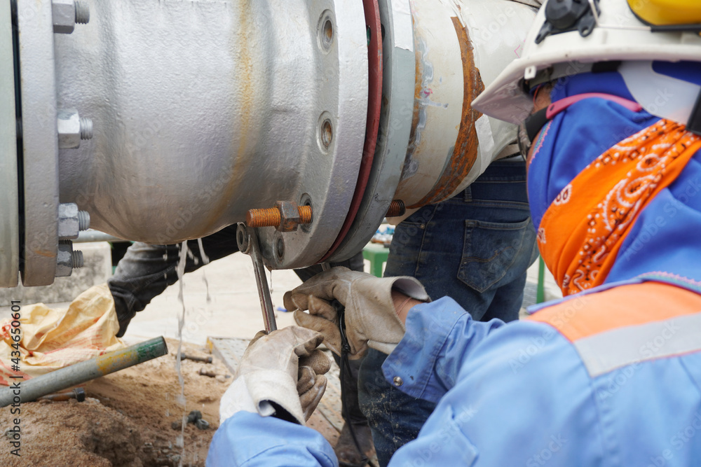 Pipeline system during installation by the construction workers in the ...