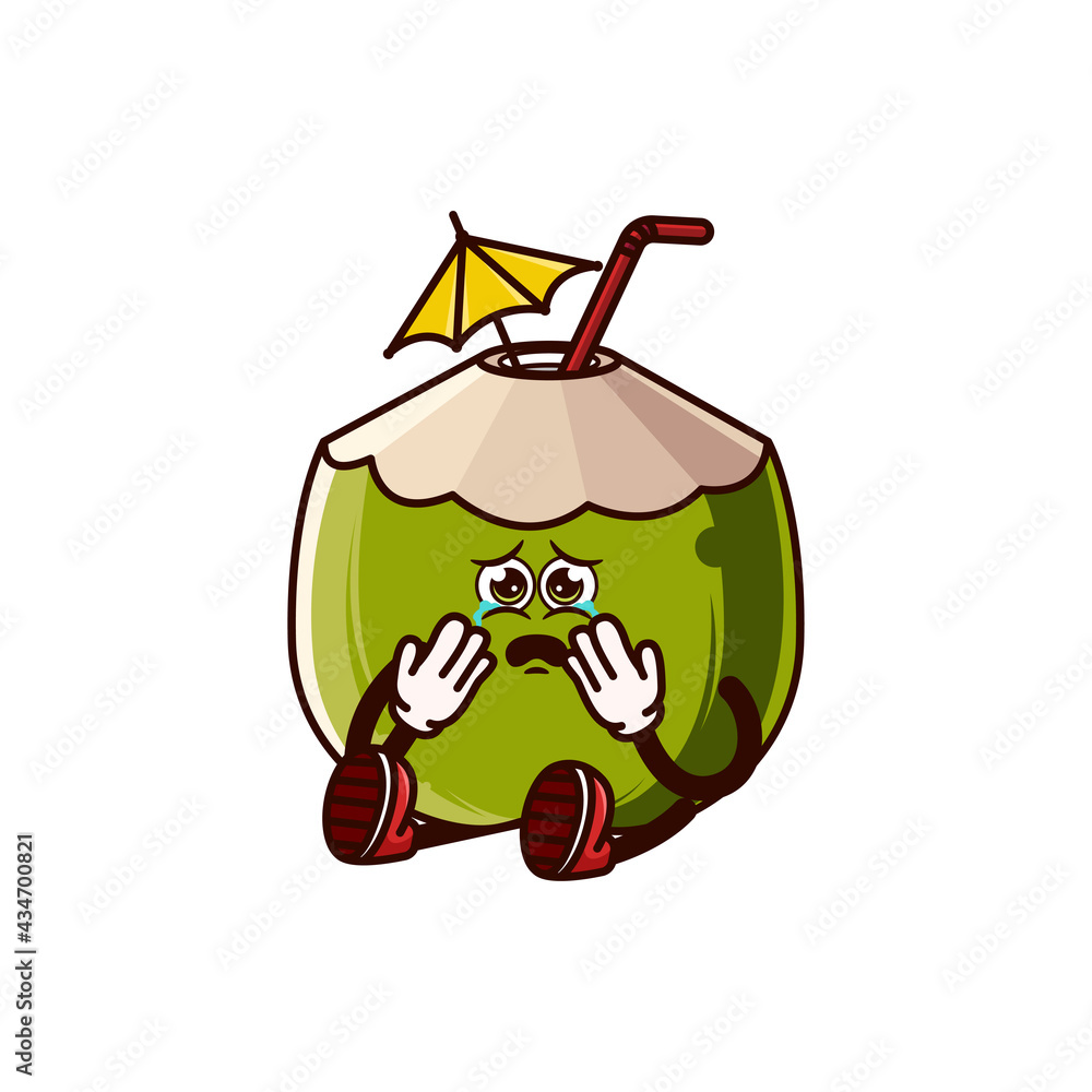 Cute coconut character sitting and crying. Fruit character icon concept ...