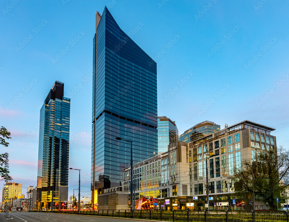 New business and financial district Wola with Warsaw Unit and Skyliner tower skyscrapers at ...