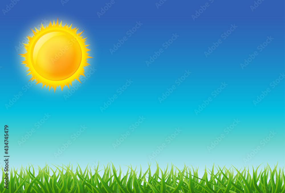 Cartoon bright sun on blue sky with green grass. vector illustration ...
