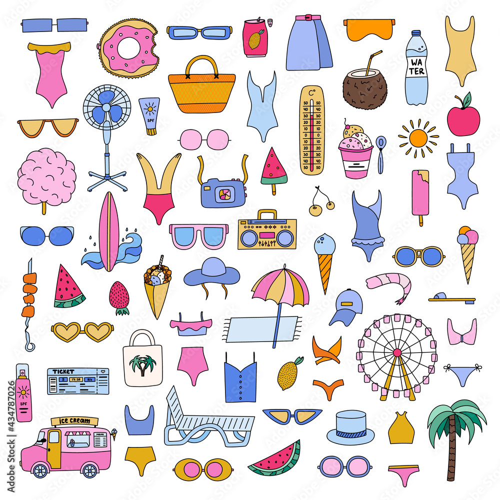 Big summer hand drawn vector summer set with clipart, summer signs ...