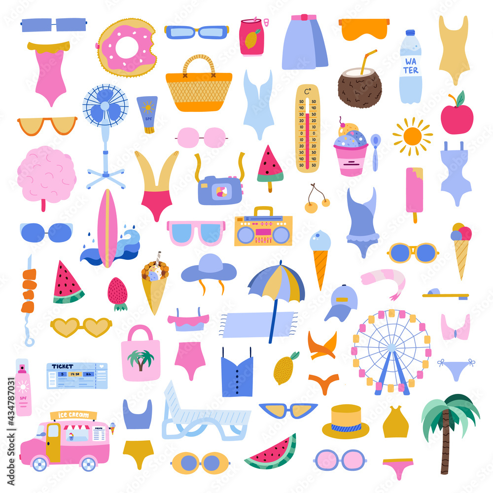 Stock-Vektorgrafik „Big summer hand drawn vector summer set with clipart, summer signs, icons ...