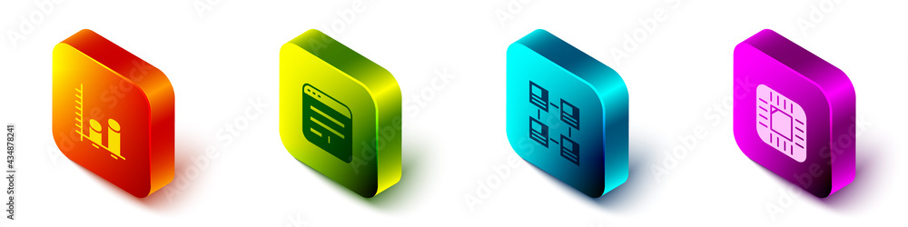 Set Isometric Data analysis, Browser window, Hierarchy organogram chart and Processor with CPU ...