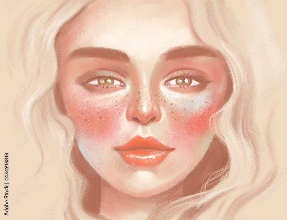 light cute gentle modern female art portrait. Light face with makeup ...