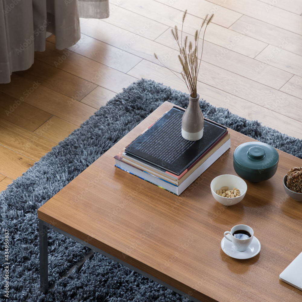 Top view on wooden coffee table Stock Photo | Adobe Stock