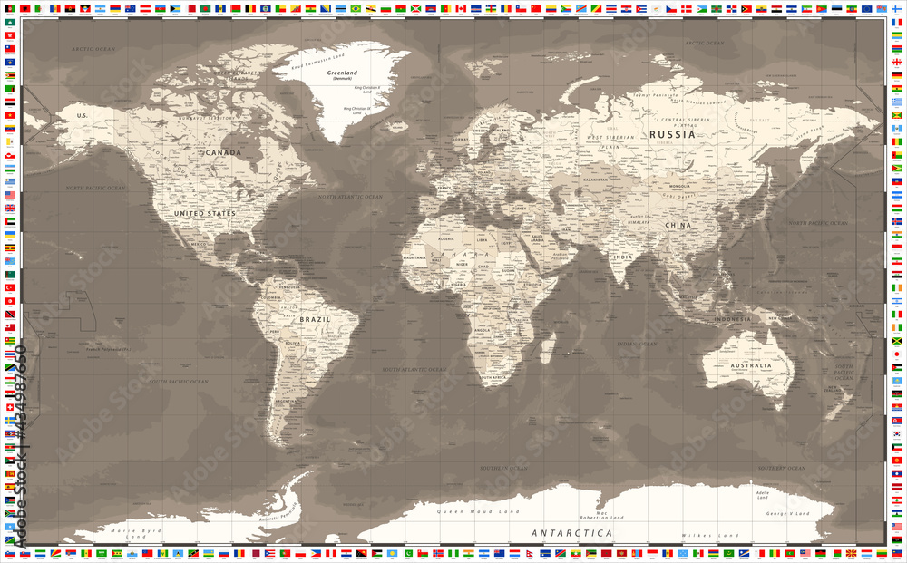 World Map in Brown Shades. And All Flags. Vector Illustration. Stock ...
