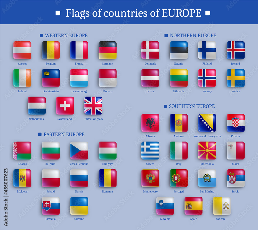 Set of Europe countries flags glossy buttons icons. European states ...