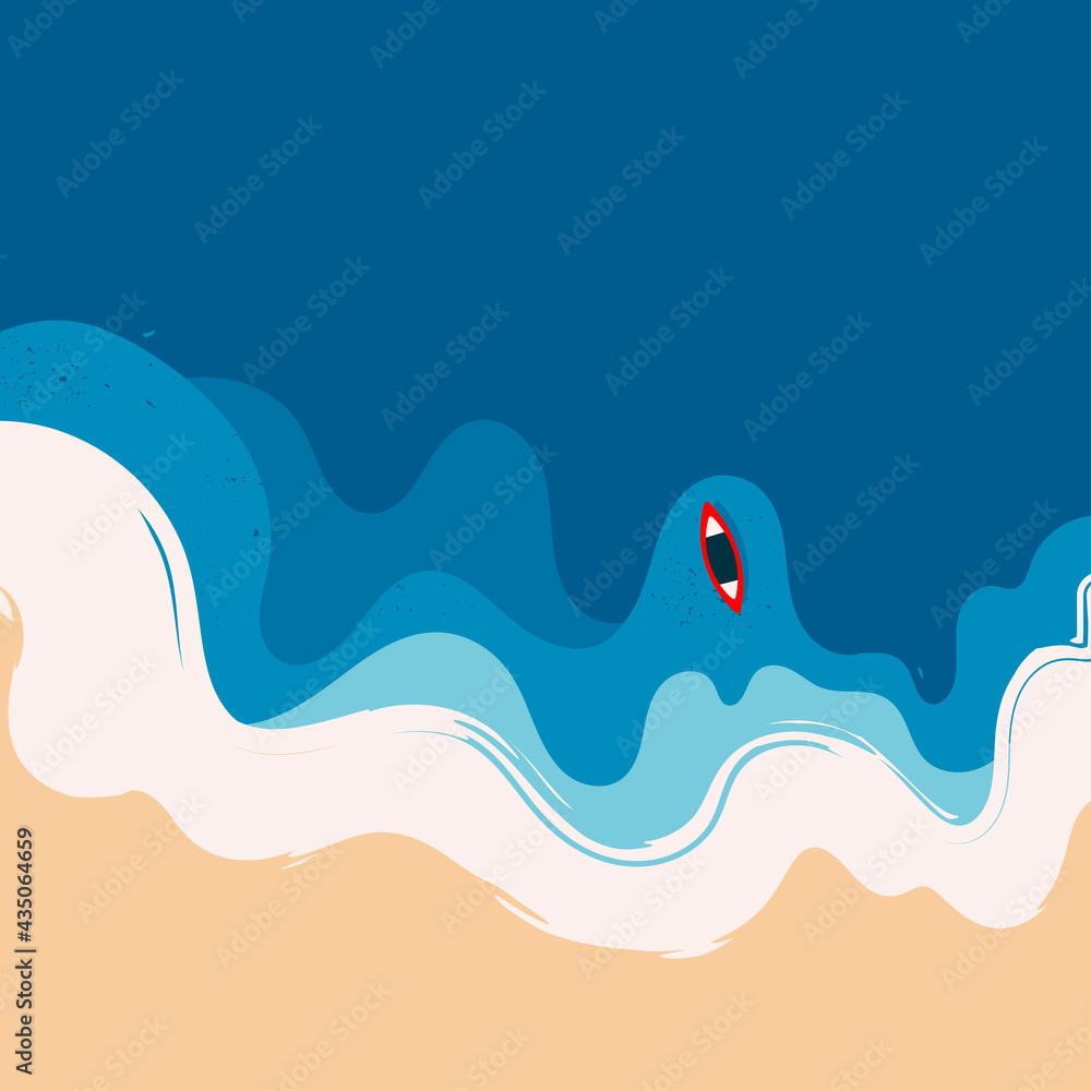 Aerial view of ocean waves reaching the coastline. Red Boat silhouette ...