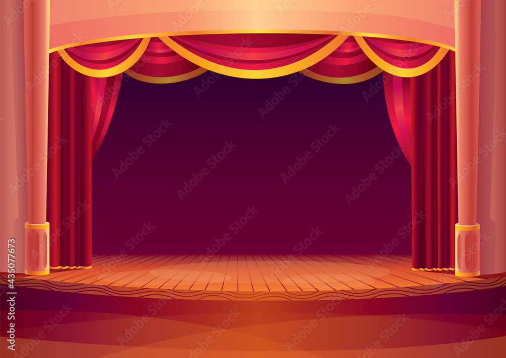 Theater stage with red curtains and on light. Vector cartoon ...