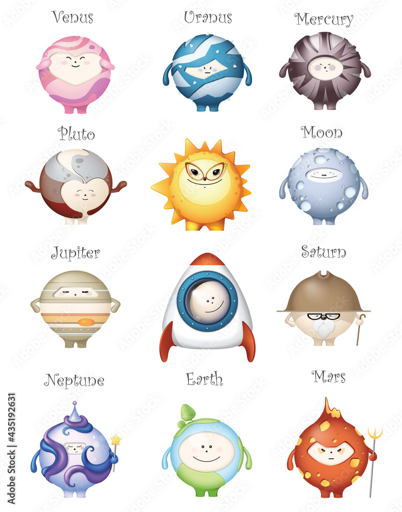 Cartoon planets of the solar system in cartoon style. Bright planets ...