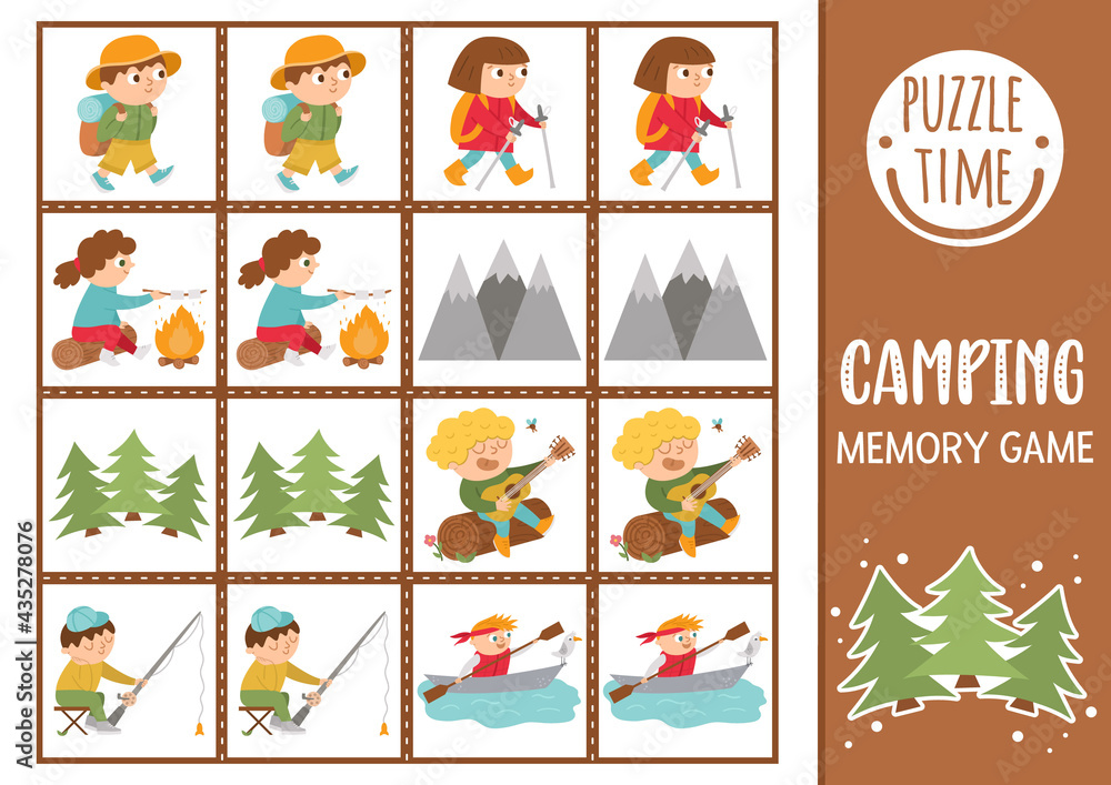 Vector summer camp memory game cards with cute hiking kids and nature ...