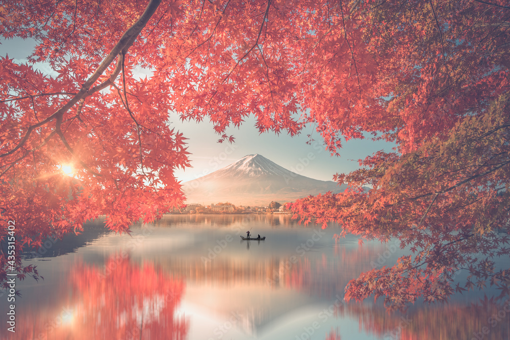 Colorful Autumn Season and Mountain Fuji with morning fog and red ...