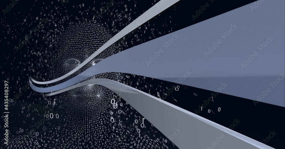 Composition of exploding human head formed with binary coding and grey trails of information ...