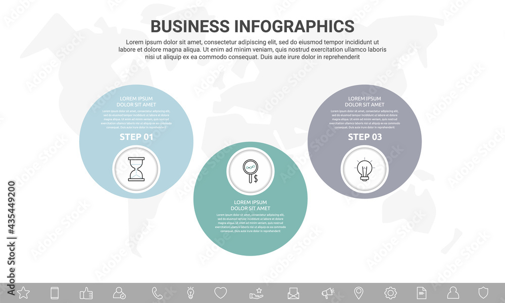 Vector three step infographics from circles with icons. Modern timeline ...