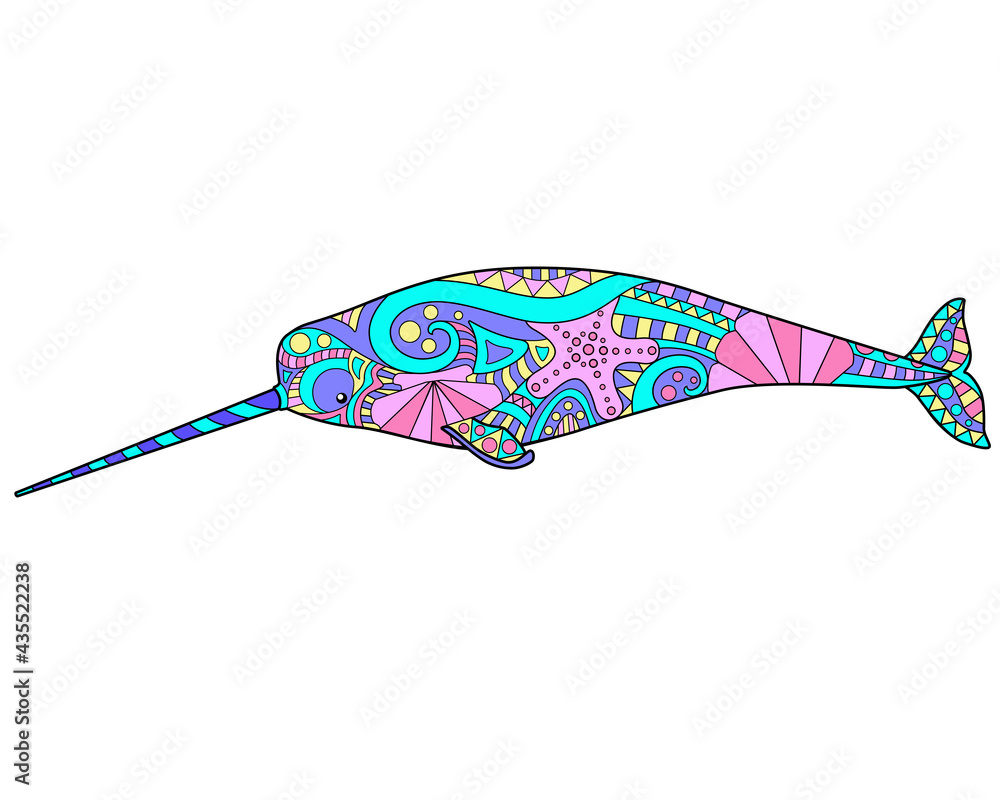 Narwhal - vector linear full color illustration. Ocean mammal animal ...