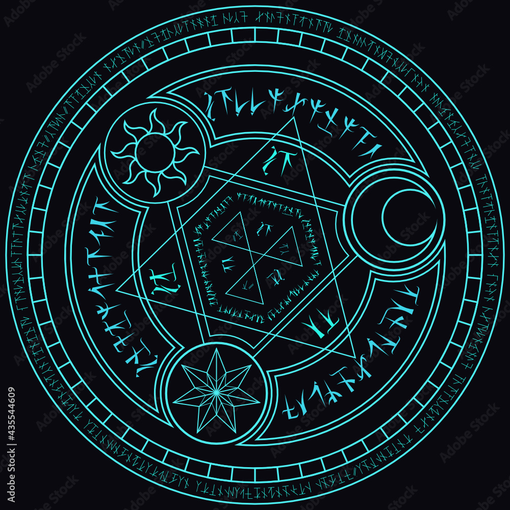 light blue magic incantation circle with fantasy alphabets spell (named ...