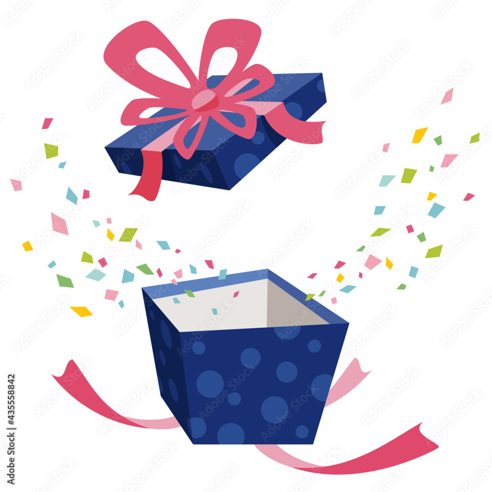 Open the gift box with blue polka dot. Confetti pops out of the box on ...