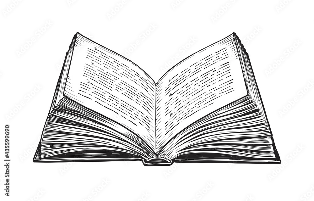 Open book with pages. Hand drawn vector sketch in vintage style Stock ...