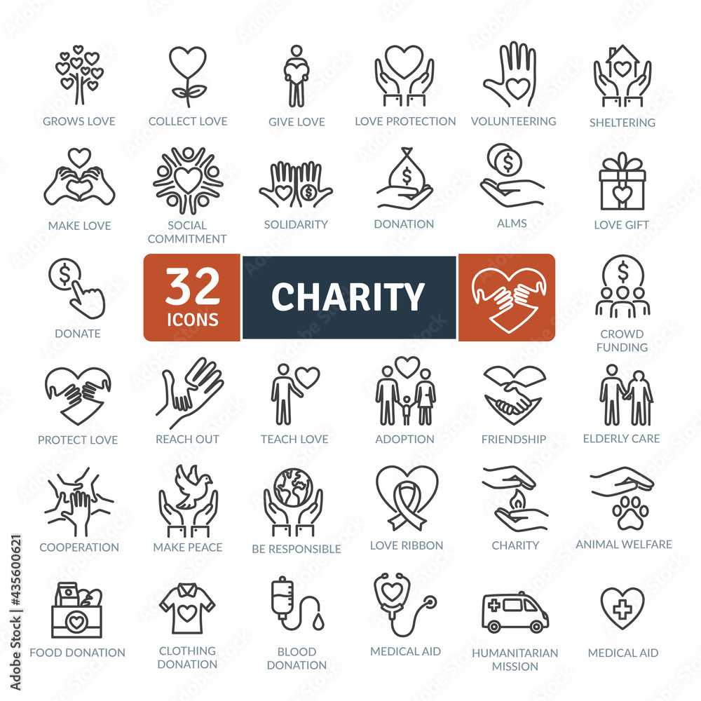 Charity Icons Pack. Thin line icons set. Flat icon collection set ...