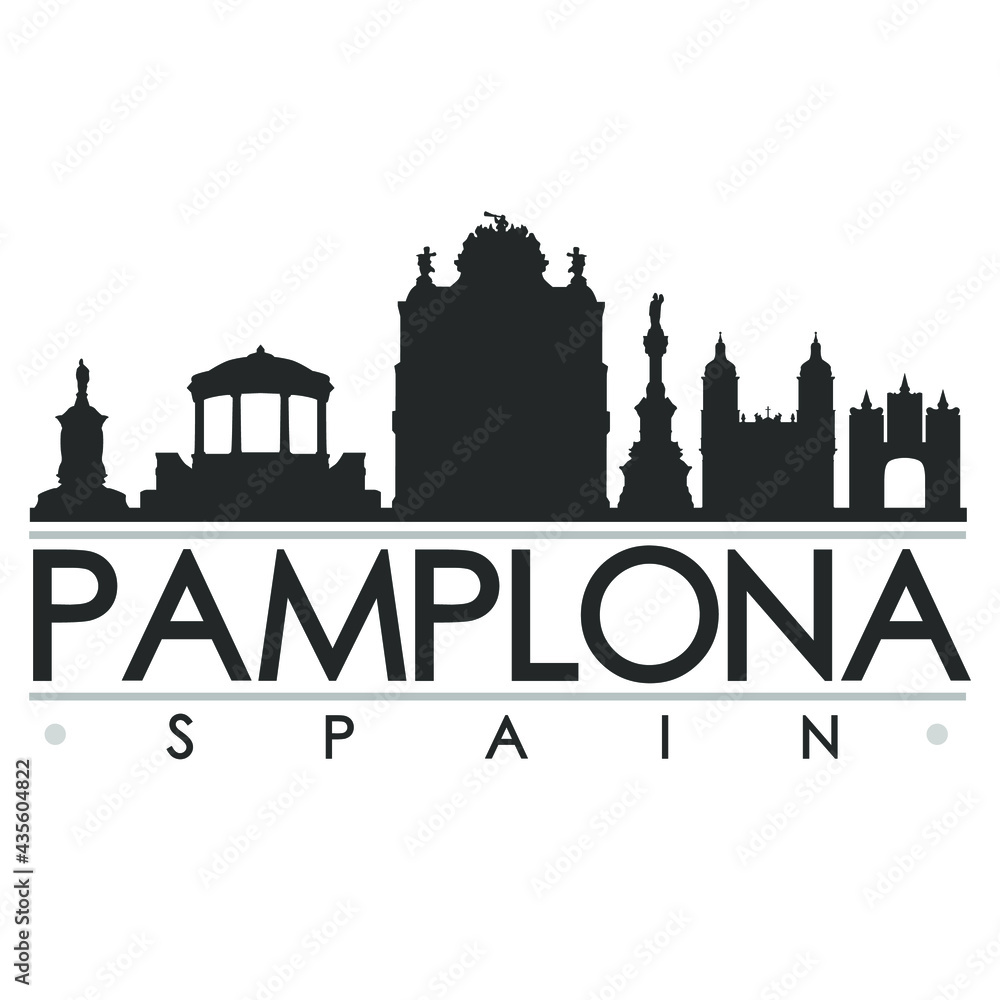 Pamplona, Navarre, Spain Skyline Silhouette Design. Clip Art City Vector Art Famous Buildings ...