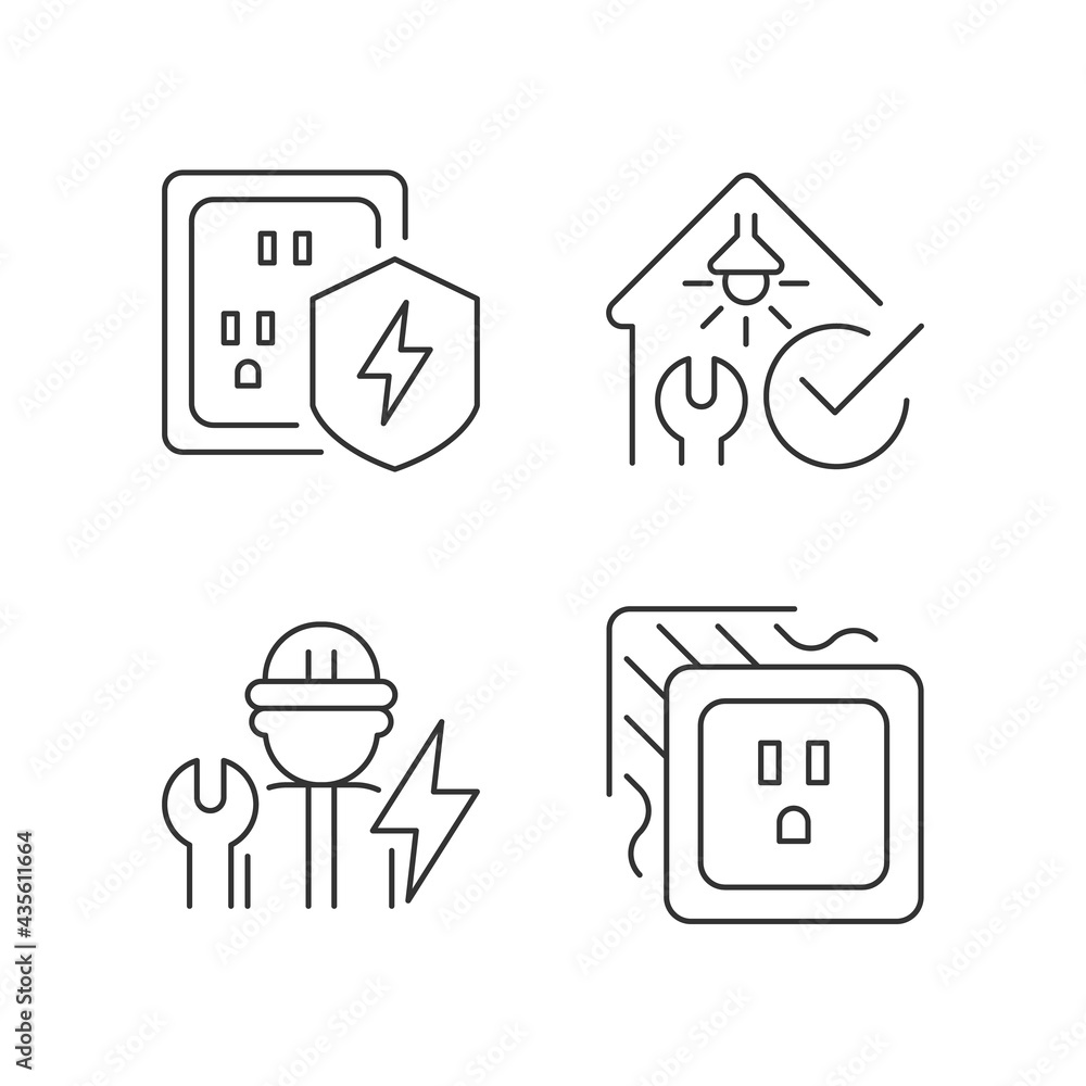 Electrician service linear icons set. Surge protection. Safety ...