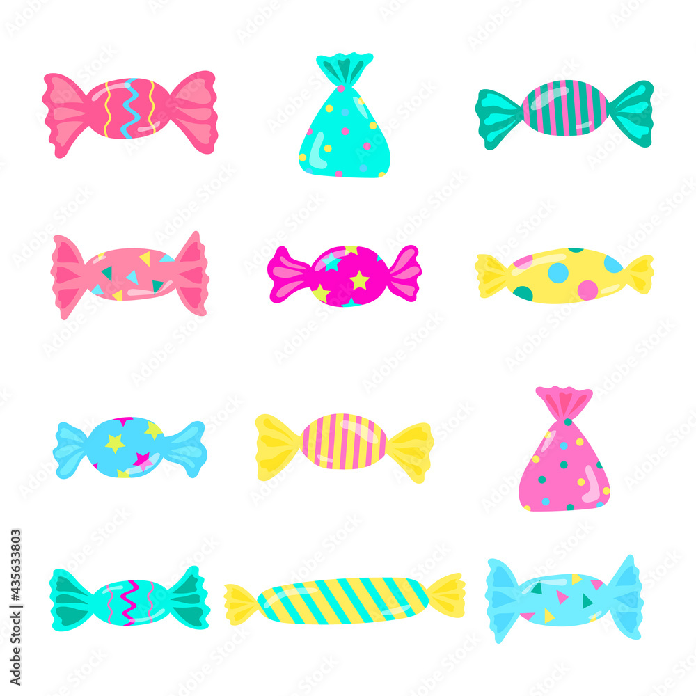 set of multi-colored sweets of different shapes in wrappers of pink ...