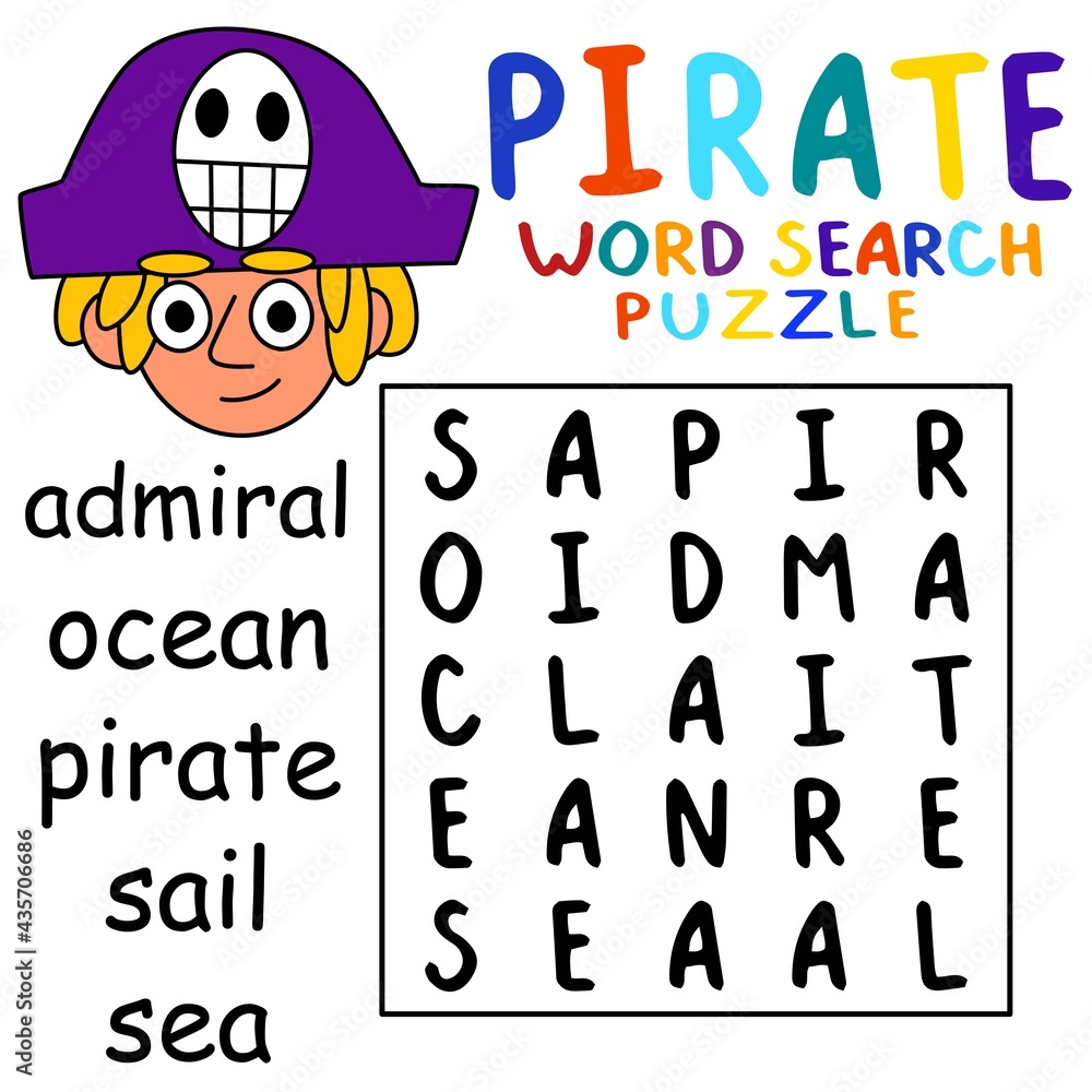 Pirate word search puzzle in English for kids stock vector illustration ...