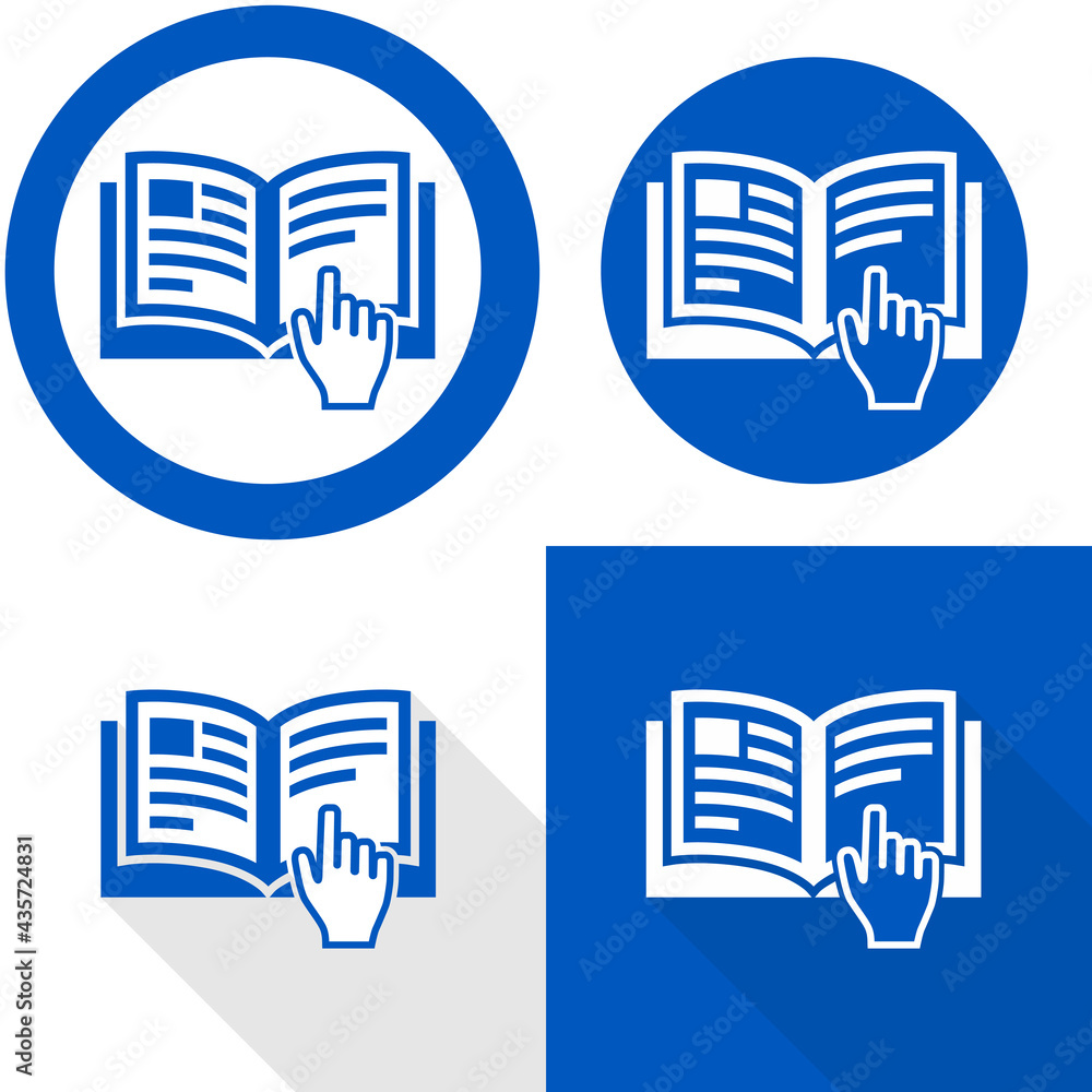 Manual book symbol with hand. Read before use. Refer to instruction manual booklet mandatory ...