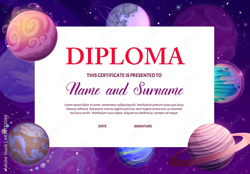 Kids diploma with space planets, vector award certificate, educational ...