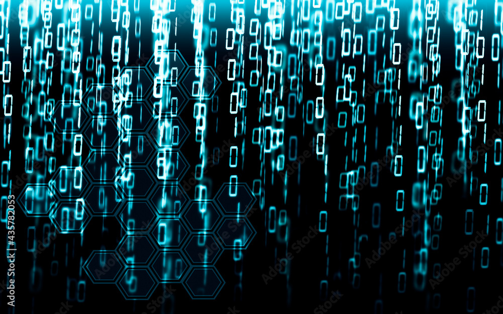 Binary code data bit screen display on laptop computer screen. Matrix of data flow.Hexadecimal ...