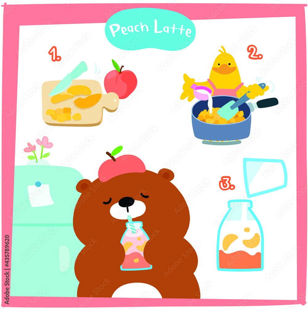 Peach latte recipe cartoon, step by step instructions, card template ...