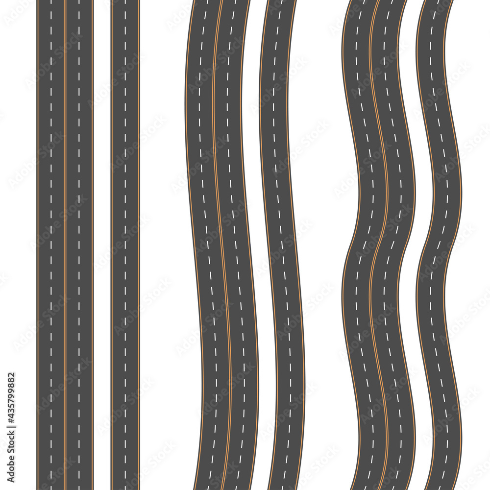 Road or highway set. Top view. Straight and winding seamless asphalt ...