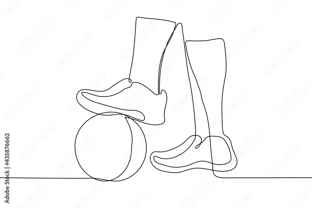 feet in boots, one of which stands on a soccer ball - one line drawing ...