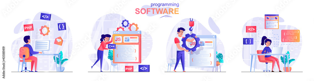 Programming software concept scenes set. Developers create software ...