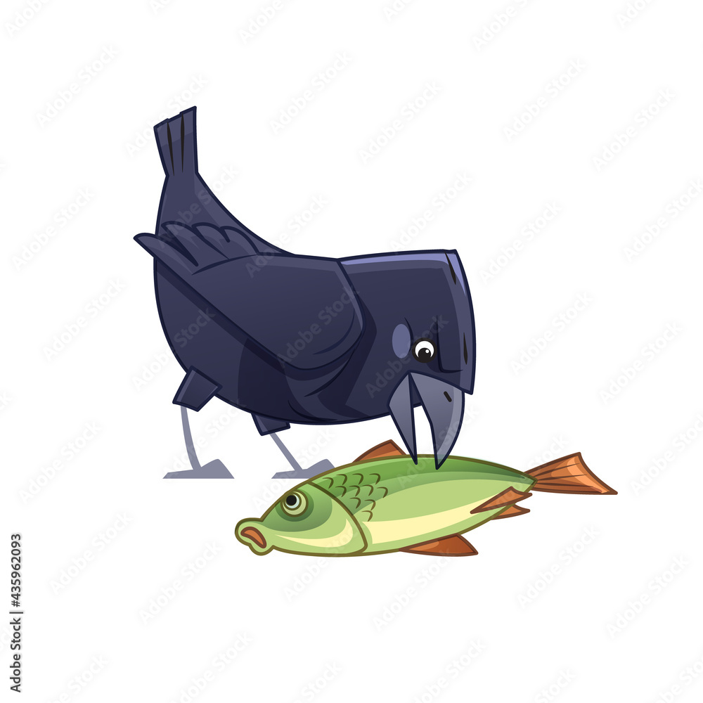 Cartoon crow eats fish. Raven bird character. Vector illustration ...