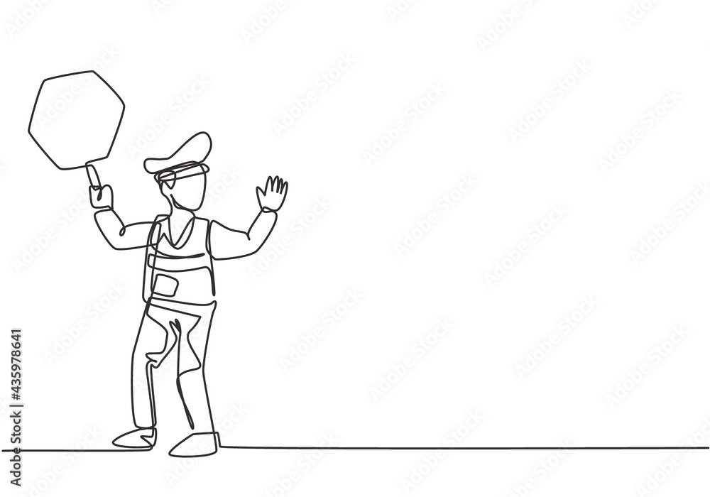 Continuous one line drawing policeman in full uniform and lifting ...