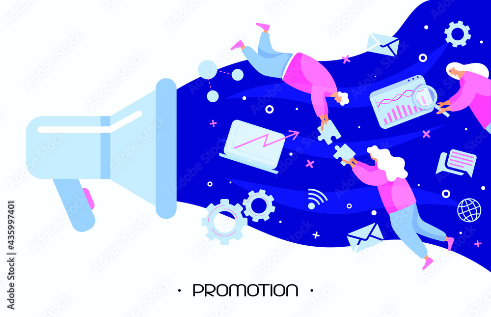 People promoting digital companies using a big loudspeaker and draw ...