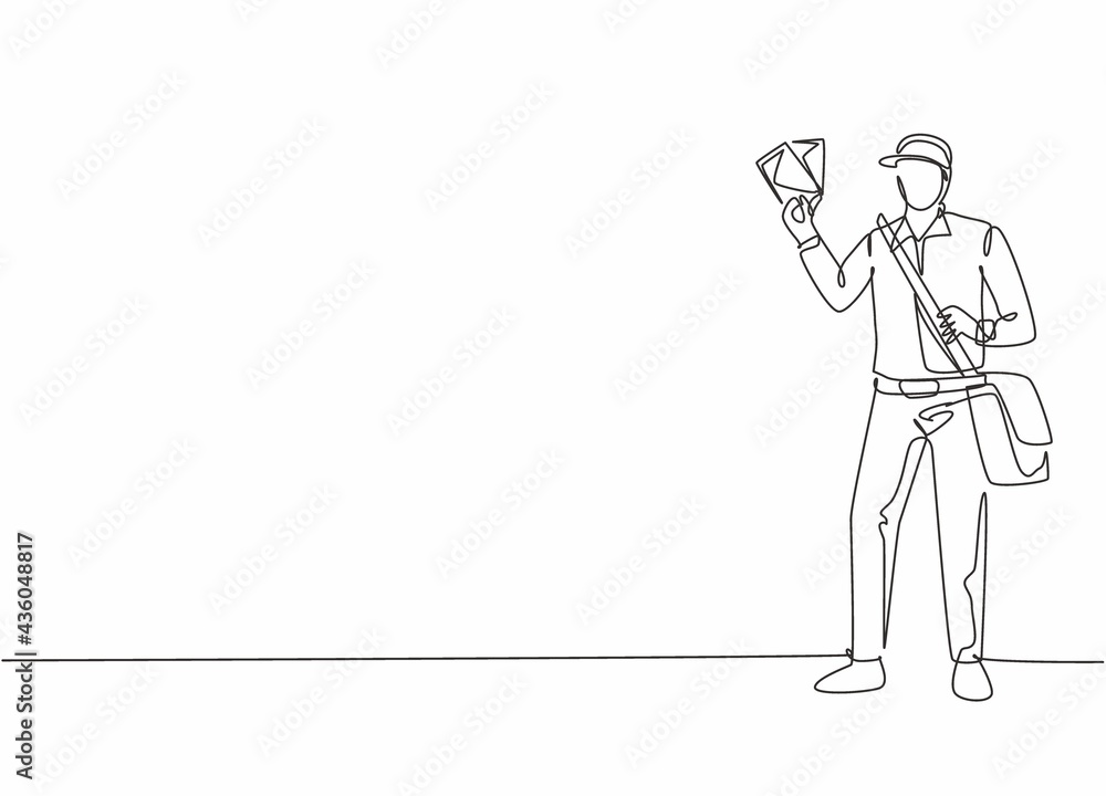 Continuous one line drawing of young mailman pose standing and holding ...