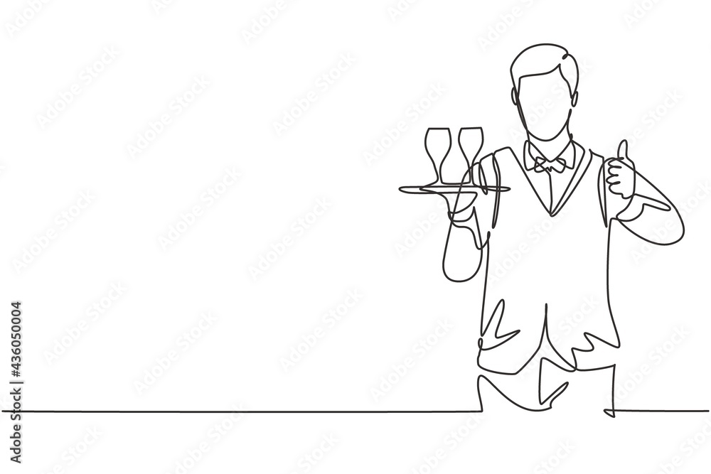 Vektor Single continuous line drawing waiter with a gesture raised his ...