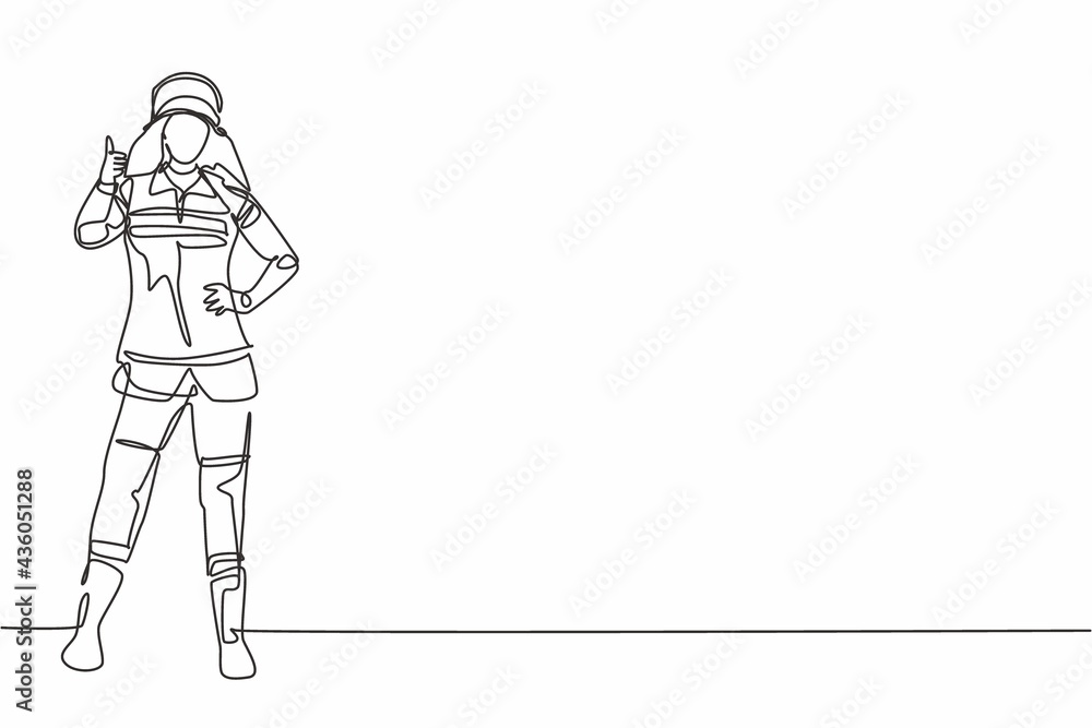 Continuous one line drawing female firefighters stood wearing helmets ...