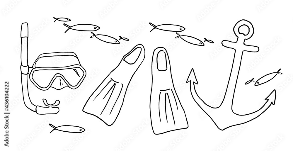 Snorkeling line art set. Mask, tube, flippers, fish and anchor. Hand ...