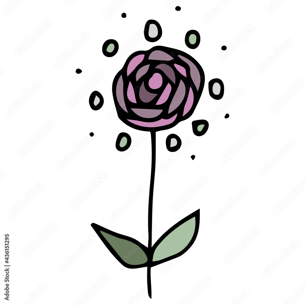 Doodle pink flower and green leaves. Black outline. White background ...
