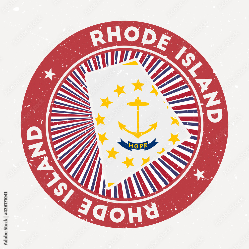 Rhode Island round stamp. Logo of US state with state flag. Vintage ...