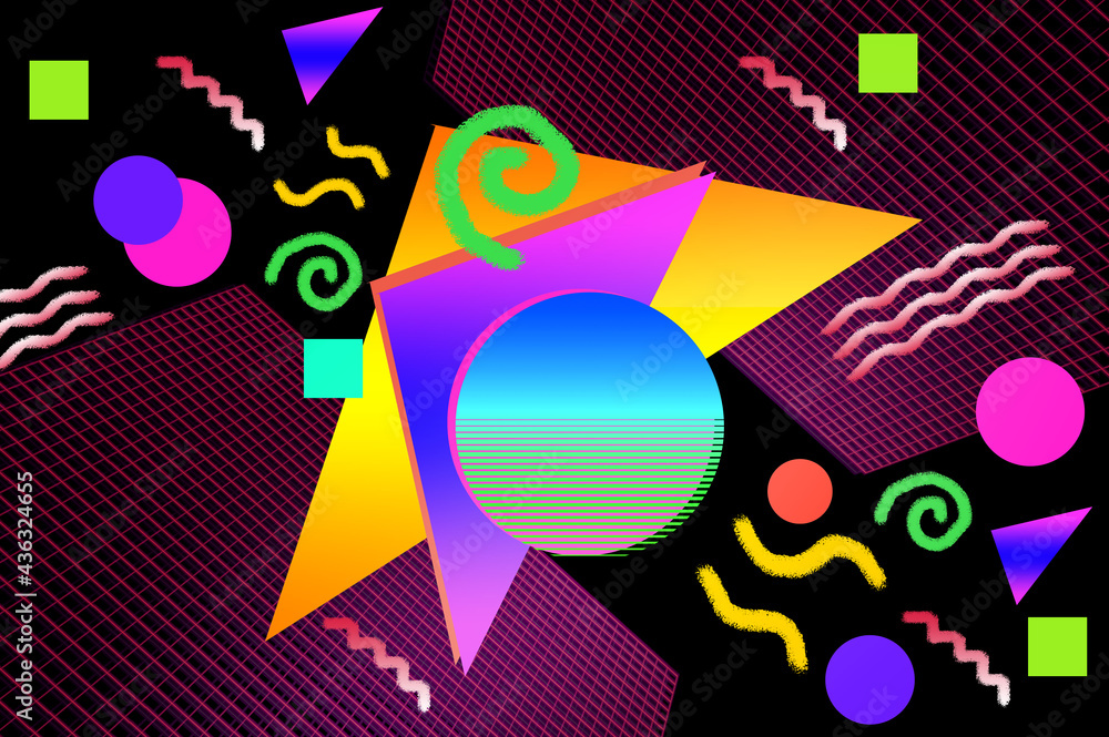 1980's inspired retro neon light grid in pink tones and memphis design ...