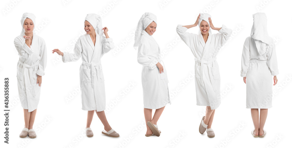 Woman wearing bathrobe on white background, collage. Banner design ...