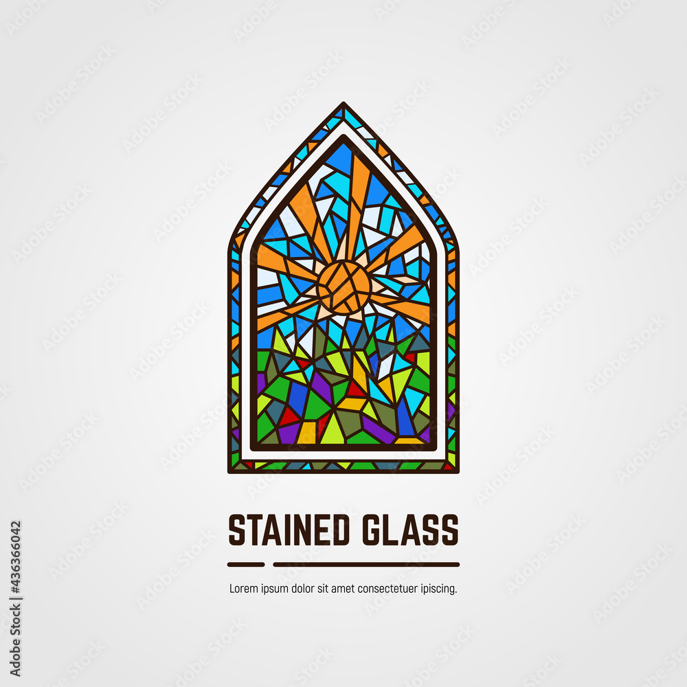 Colorful stained glass window. Logo, emblem or icon with text. Sun with ...